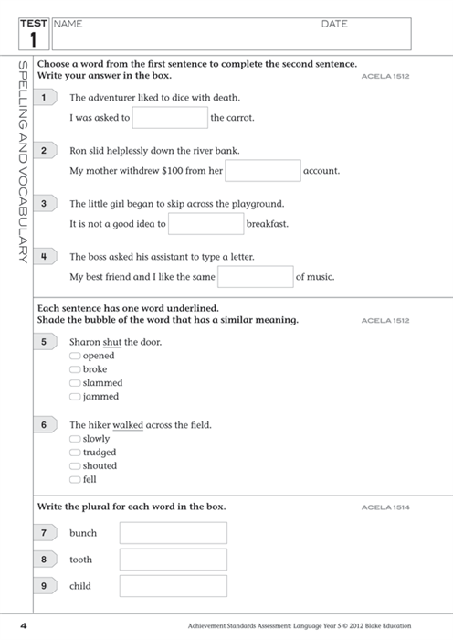 Achievement Standards Assessment - English: Language - Year 5 - Blake ...